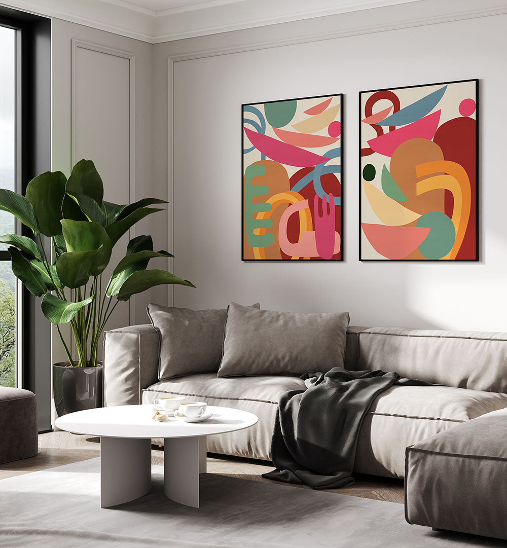 Shapes in Sync – Set of 2 Modern Geometric Wall Art Prints Asian Monk ...